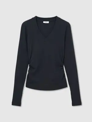 REISS V-neck Long Sleeve Ruched Top - Navy