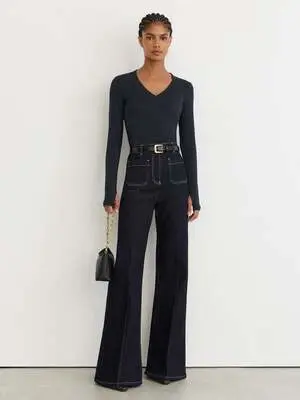 REISS V-neck Long Sleeve Ruched Top - Navy