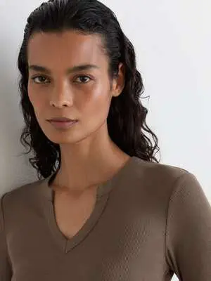 REISS Athena Stretch-cotton Notch-neck Top - Mocha Brown