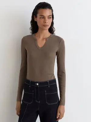 REISS Athena Stretch-cotton Notch-neck Top