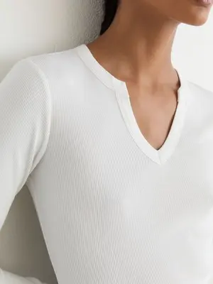 REISS Athena Stretch-cotton Notch-neck Top - White