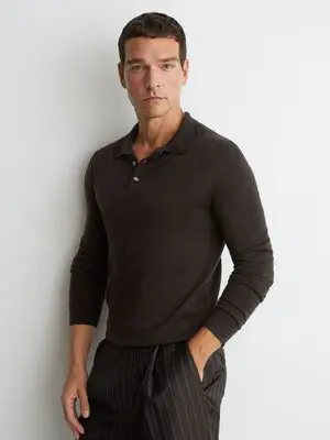REISS Trafford Merino Wool Long-sleeve Polo Shirt - Chocolate Brown