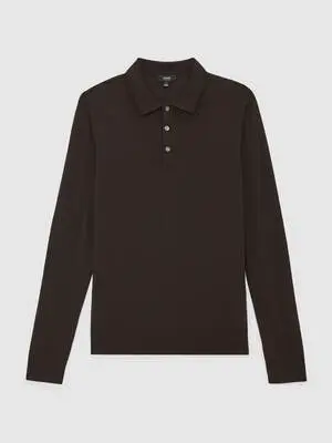 REISS Trafford Merino Wool Long-sleeve Polo Shirt - Chocolate Brown