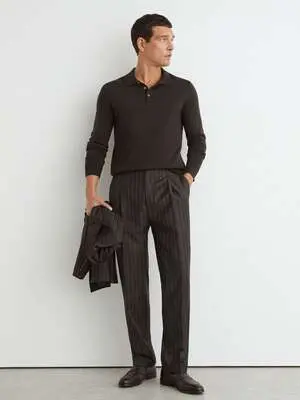 REISS Trafford Merino Wool Long-sleeve Polo Shirt - Chocolate Brown