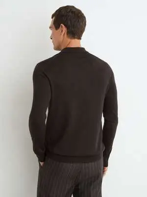 REISS Trafford Merino Wool Long-sleeve Polo Shirt - Chocolate Brown