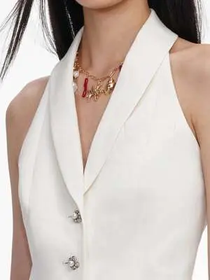 SELF-PORTRAIT Linen Halterneck Vest With Crystal Buttons
