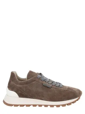 Brunello Cucinelli Runner In Camoscio Con Shiny Tab - Brown