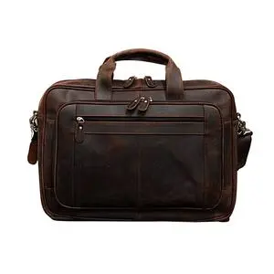 TOURI Genuine Leather Briefcase With Luggage Strap - Brown
