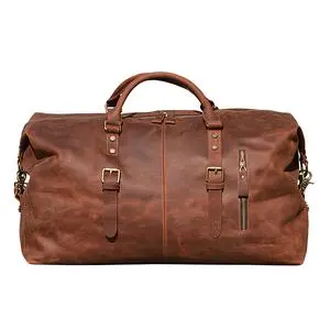 TOURI Genuine Leather Holdall Weekender Bag - Brown