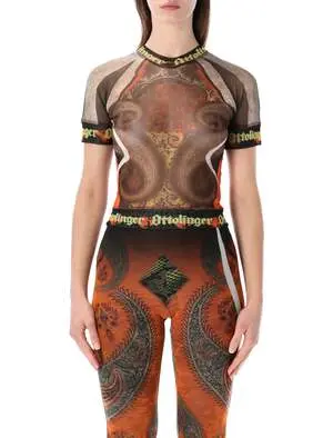 Ottolinger Short Sleeve Printed Mesh Top - Brown