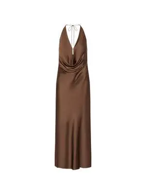 ROTATE BY BIRGER CHRISTENSEN ROTATE Halter Neck Deep V-Neck Long Dress Marrone