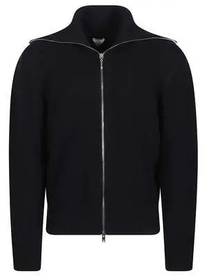 Bottega Veneta Black Wool Zip-up Sweater With Ribbed Details - Navy
