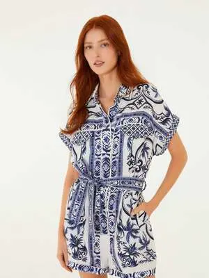 Farm Rio All-over Print Linen Belted Romper - Bianco