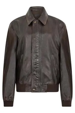 Prada Leather Jacket With Front Zip And Classic Collar