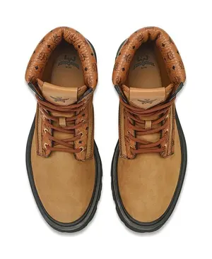 Mcm Ankle Boots In Nubuck Leather With Monogram Print - Cognac