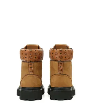 Mcm Ankle Boots In Nubuck Leather With Monogram Print - Cognac