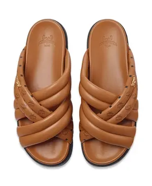Mcm Monogram Print Cross Sandals In Lamb Leather