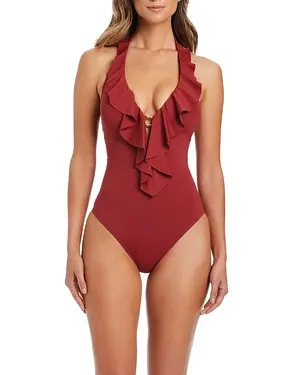 BLEU BY ROD BEATTIE Plunge Halter Mio One Piece Swimsuit - Barcelona Red