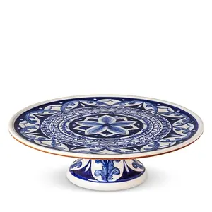 COSTA NOVA Alentejo Terracotta Hand-painted Footed Cake Plate - Blue/white