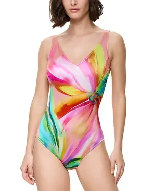 GOTTEX Floral Rhythm V Neck One Piece Swimsuit - Pink Multi