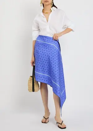 OTZIO Margot Printed Asymmetric Silk Midi Skirt - Blue