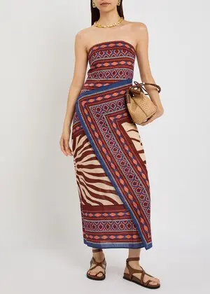 Johanna Ortiz Paraiso Agreste Printed Strapless Cotton Maxi Dress - Beige