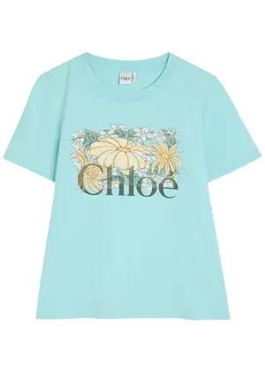 Chloé Printed Cotton T-shirt - Turquoise
