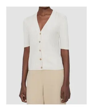 JOSEPH V-neck Short-sleeve Cardigan With Ribbed Trim - Marble