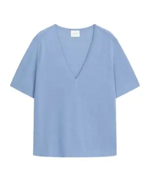 Closed V-neck Short-sleeve Knitwear With Ribbed Details