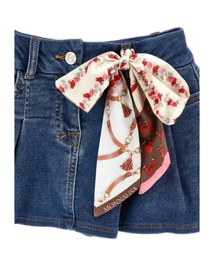 Monnalisa Pleated Belted Denim Skirt With Embroidered Details