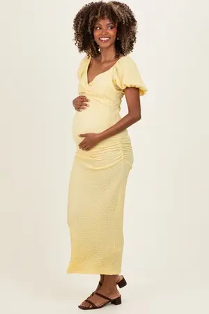 PINKBLUSH Maternity Knit Twisted Bust Short Sleeve Midi Dress - Yellow