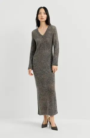 Brunello Cucinelli Lace Flowers Knit Dress In Sparkling Mohair And Virgin Wool - Lead