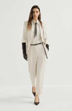 Brunello Cucinelli Comfort Viscose Couture Twill Slouchy Trousers With Monili - Milk