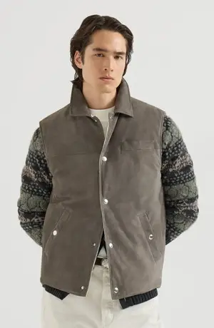 Brunello Cucinelli Suede Down Vest With Shirt-style Collar