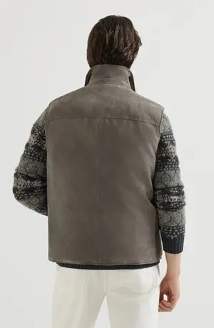 Brunello Cucinelli Suede Down Vest With Shirt-style Collar