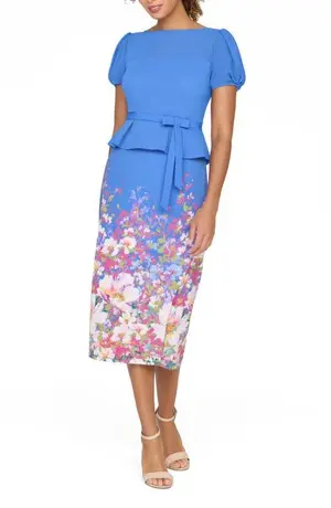 KAY UNGER Annabelle Floral Peplum Midi Dress - Azure Multi