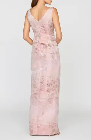 KAY UNGER Luciana Column Gown With Pleated Peplum And Front Slit