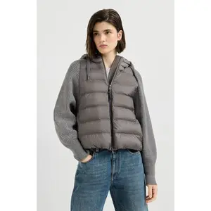 Brunello Cucinelli Water-resistant Matte Nylon Hooded Down Jacket With Monili And Sleeves In Virgin Wool - Medium Grey