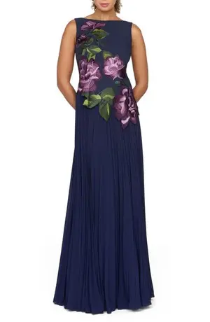 KAY UNGER Jayla Appliqué Pleated Gown - Dark Twilight