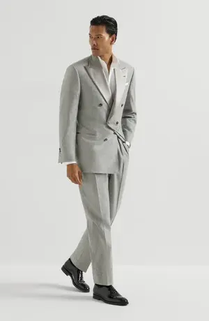 Brunello Cucinelli Cashmere And Silk Lightweight Flannel Tuxedo One-and-a-half Breasted Jacket And Trousers With Double Pleats And Waist Tabs - Light Grey