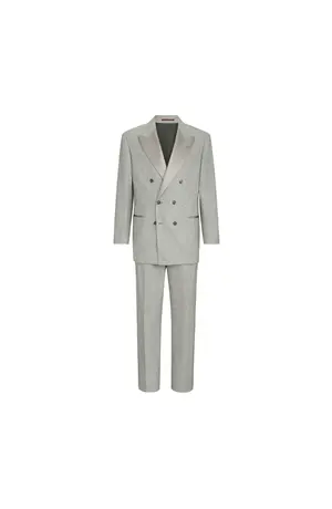 Brunello Cucinelli Cashmere And Silk Lightweight Flannel Tuxedo One-and-a-half Breasted Jacket And Trousers With Double Pleats And Waist Tabs - Light Grey