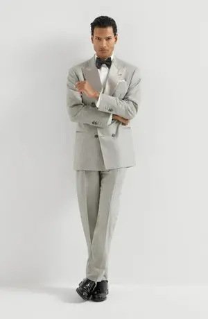 Brunello Cucinelli Cashmere And Silk Lightweight Flannel Tuxedo One-and-a-half Breasted Jacket And Trousers With Double Pleats And Waist Tabs - Light Grey