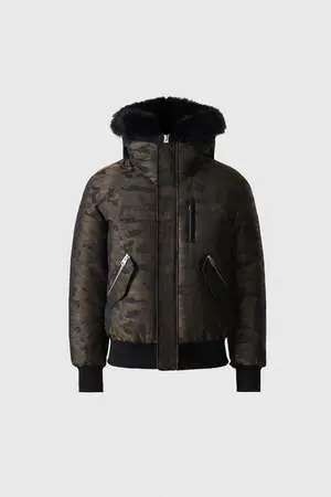 Mackage Dixon-jc Camouflage Down Bomber Jacket With Shearling-lined Hood