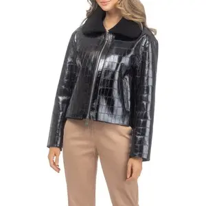 Gorski Genuine Shearling Croco Embossed Zip Jacket - Black