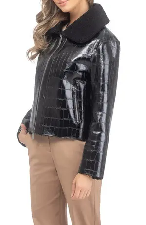 Gorski Genuine Shearling Croco Embossed Zip Jacket