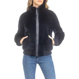 Gorski Reversible Grooved Genuine Shearling Insignia Bomber Jacket Navy/black