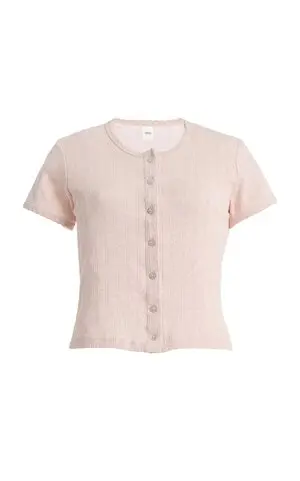 LESET Pointelle Knit Cotton Short Sleeve Cardigan - Pink