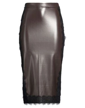 OLTRE Dark Faux Leather Midi Skirt With Lace Trim - Brown