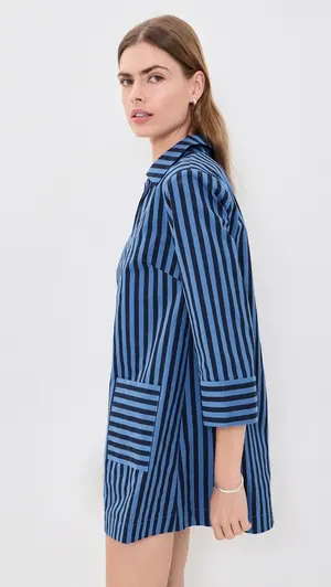 English Factory Striped A-line Kaftan Collar Mini Dress