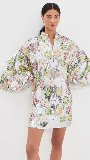 La Vie Style House Silver Mod Flower Sequin Mini Caftan